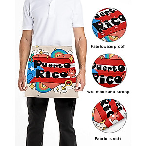 Puerto Rico Flag Rainbow Server Aprons with Pockets, Waiter Waitress Aprons Waterproof, Khaki Star Hearts Half Waist Apron for Restaurant Women Men, 24 x 13 Inch