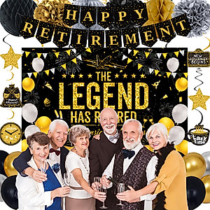 Retirement Party Decorations Men Women, Black Gold Happy Retirement Decorations, Happy Retirement Banner, Retired Backdrop, Balloons, Pompoms, Hanging Swirls, Retirement Card, Cake Topper Set 54pcs