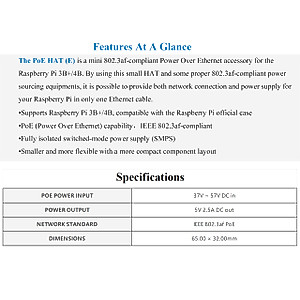 PoE HAT for Raspberry Pi 4B/Raspberry Pi 3B+, Power Over Ethernet (PoE) Support 802.3af PoE Network Standard, Compatible with Raspberry Pi Official Case, Support Connecting Cooling Fan