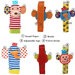 Baby Rattle,URUTOREO Baby Wrist Rattle and Foot Rattles Finder Socks Set, Developmental Soft Animal Rattles Monkey and Elephant Socks Toys Infant Baby Toys (4 Pcs)