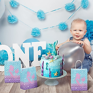 Jectivs 16 Pieces Mermaid Birthday Party Favor Bags,Girls Kraft Paper Gift Bags Mermaid Candy Goodie Treat Bags with Handles for Kids Little Mermaid Under The Sea Themed Baby Shower Party Supplies