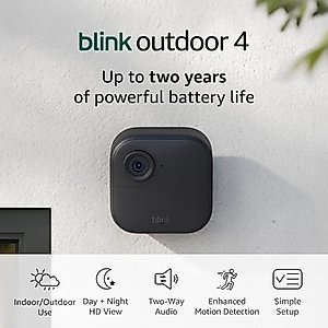 Blink Outdoor 4 (newest model), Wire-free smart security camera, two-year battery life, two-way audio, HD live view, enhanced motion detection, Works with Alexa – 5 camera system