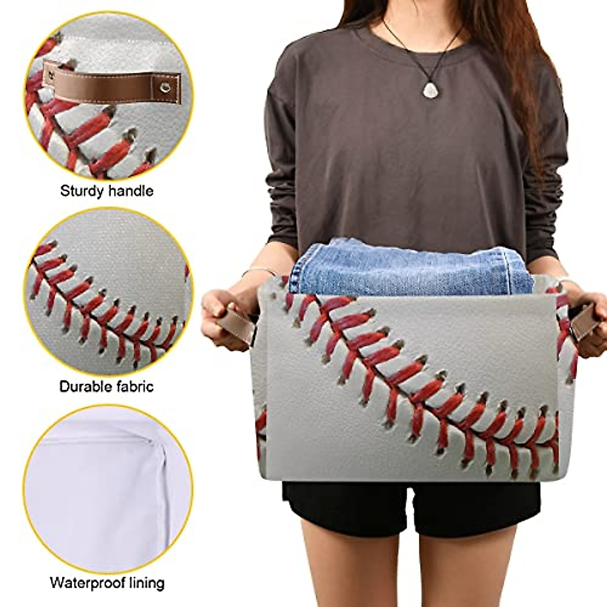 AUUXVA Sport Ball Baseball Storage Bins Basket, Baseball Print Collapsible Storage Cube Rectangle Storage Box with Handles for Shelf Closet Nursery Bedroom Home Office 1 Pack