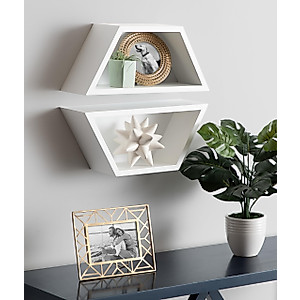 Kate and Laurel Camellia Geometric Wood Shelf Set, Set of 2, White, Modern Wooden Shelves for Wall Storage and Display