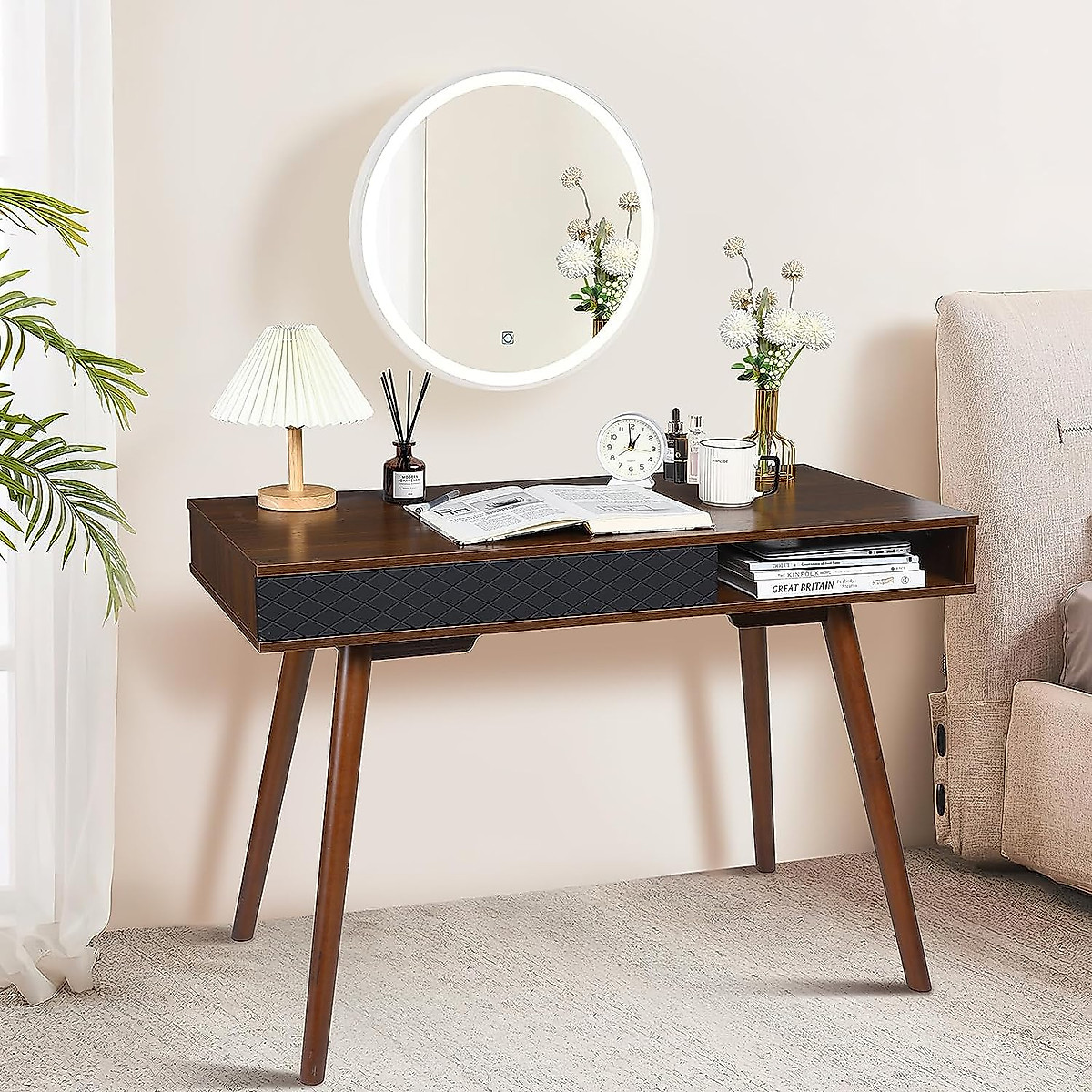 GAOMON Modern Home Office Writing Desk, 42 Inch Computer Table Desk with Drawers, Simple Mid Century Modern Desk, Walnut