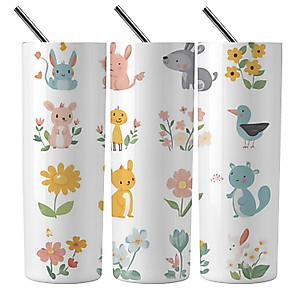 Tumbler with Lid and Straw Cute Cartoon Animals and Plants Thermos Coffee Travel Mug Cute Cups 20 oz Insulated Tumbler for Daily Holiday Decor Gift Coffee Cup