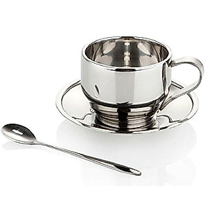 Jasni Stainless Steel Coffee Cup Coffee Mugs Espresso Cups and Great Cappuccino Cups with Spoon and Saucer Gift Idea for Coffee and Tea Lovers (4)