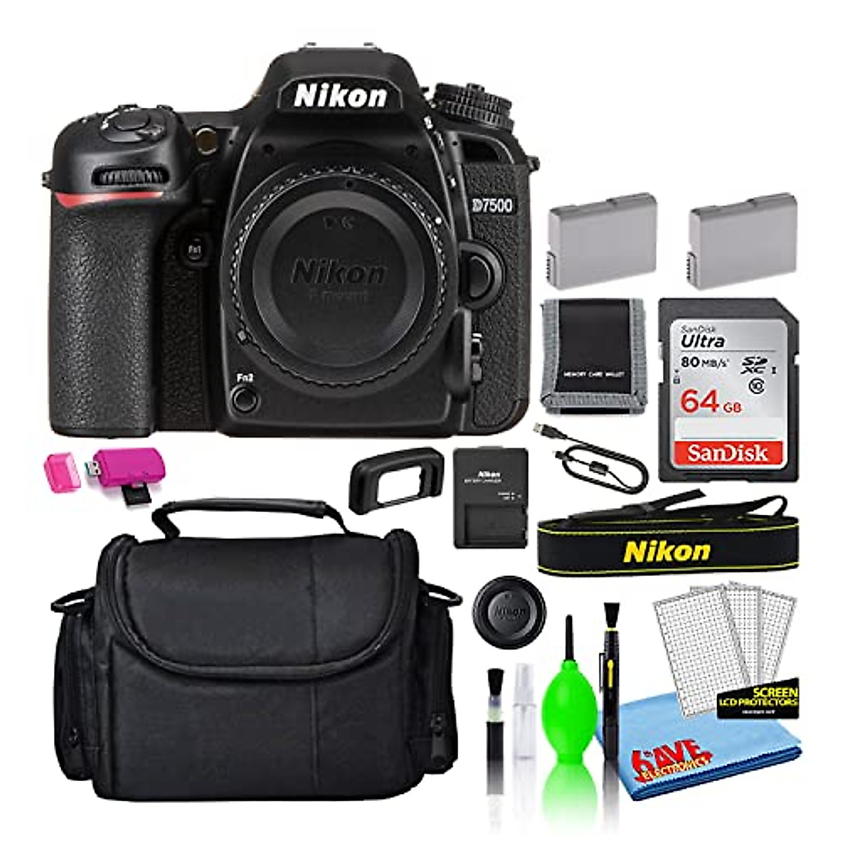 Nikon D7500 20.9MP DSLR Digital Camera (Body Only) (1581) Deluxe Bundle with 64GB SD Card + Large Camera Bag + Spare EN-EL15 Battery + Deluxe Camera Cleaning Kit (Renewed)