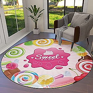 OUR DREAMS Round Area Rugs Children Crawling Mat Non-Slip Mat, Cartoon Sweet Shop Pink Candy Cake Lollipop Residential Carpet for Living Dining Room Kitchen Rugs Decor Colorful Donuts, 3.3Ft(39In