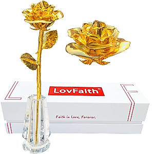 LovFaith Real Rose Dipped 24K Gold, with Crystal Vase, Gift for Her mom Wife Mother Day Anniversary Valentines Day