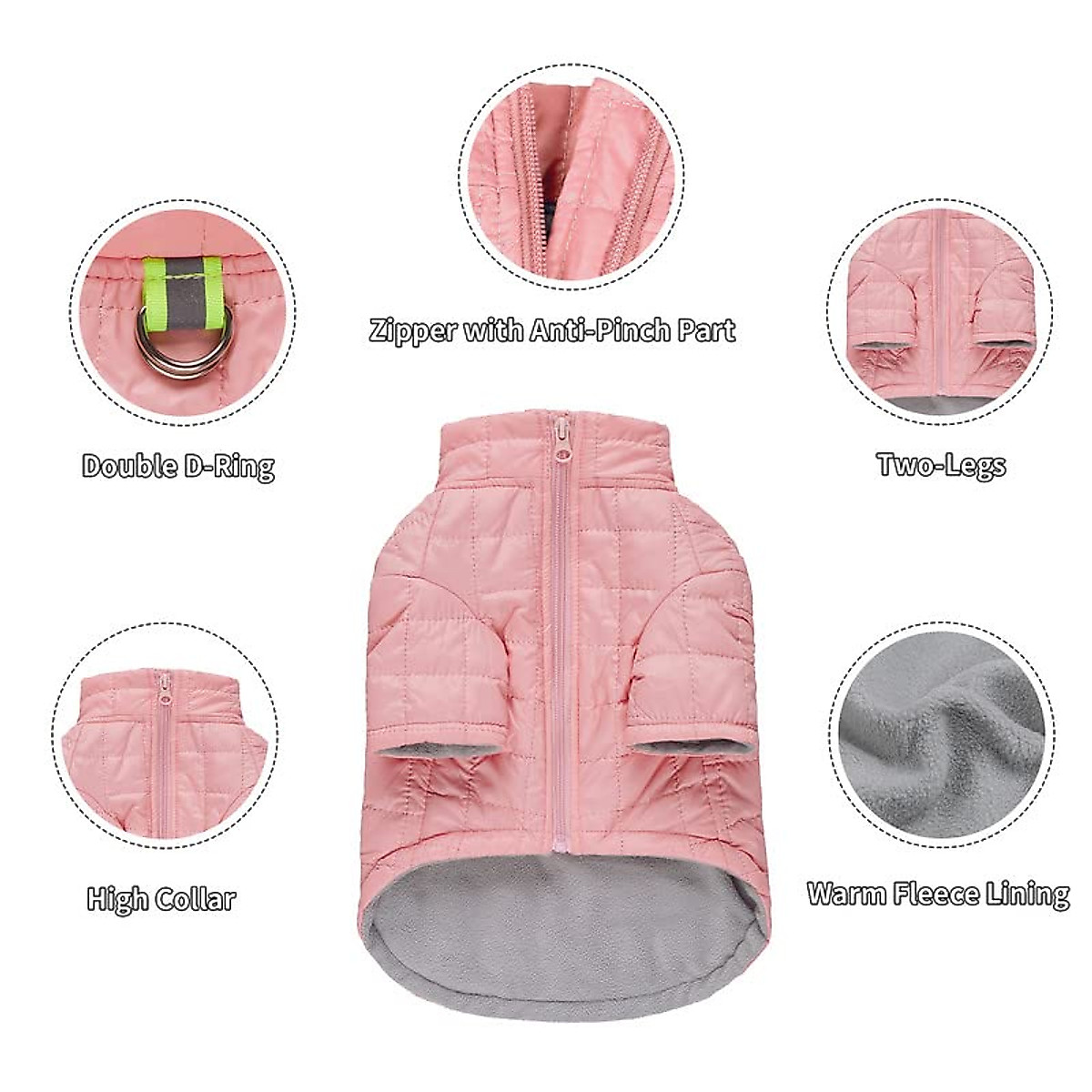 Small Dogs Winter Warm Coat, Water-Resistant Fleece Puppy Vest, High Collar Warm Padded Rainproof Snowsuit, Lightweight Outdoor Windproof Dog Clothes with Zipper and D Ring, Doggie Puffer Jacket