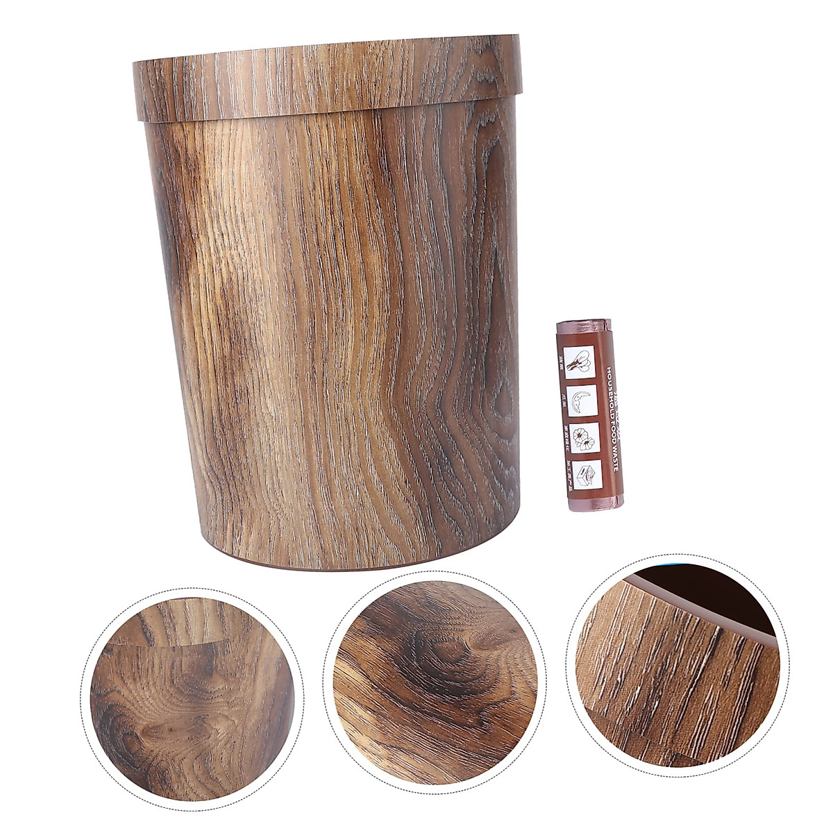 VICASKY Retro Trash Can Ornament Container Metal Storage Baskets Lip Gloss Containers Small Trash Can Rubbish Bin Wood Grain Wastebasket Trash Can Garbage Bin Living Room Garbage Bin Brown