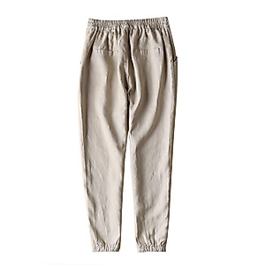 IXIMO Women's Tapered Pants 100% Linen Drawstring Back Elastic Waist Pants Trousers with Pockets Khaki XL