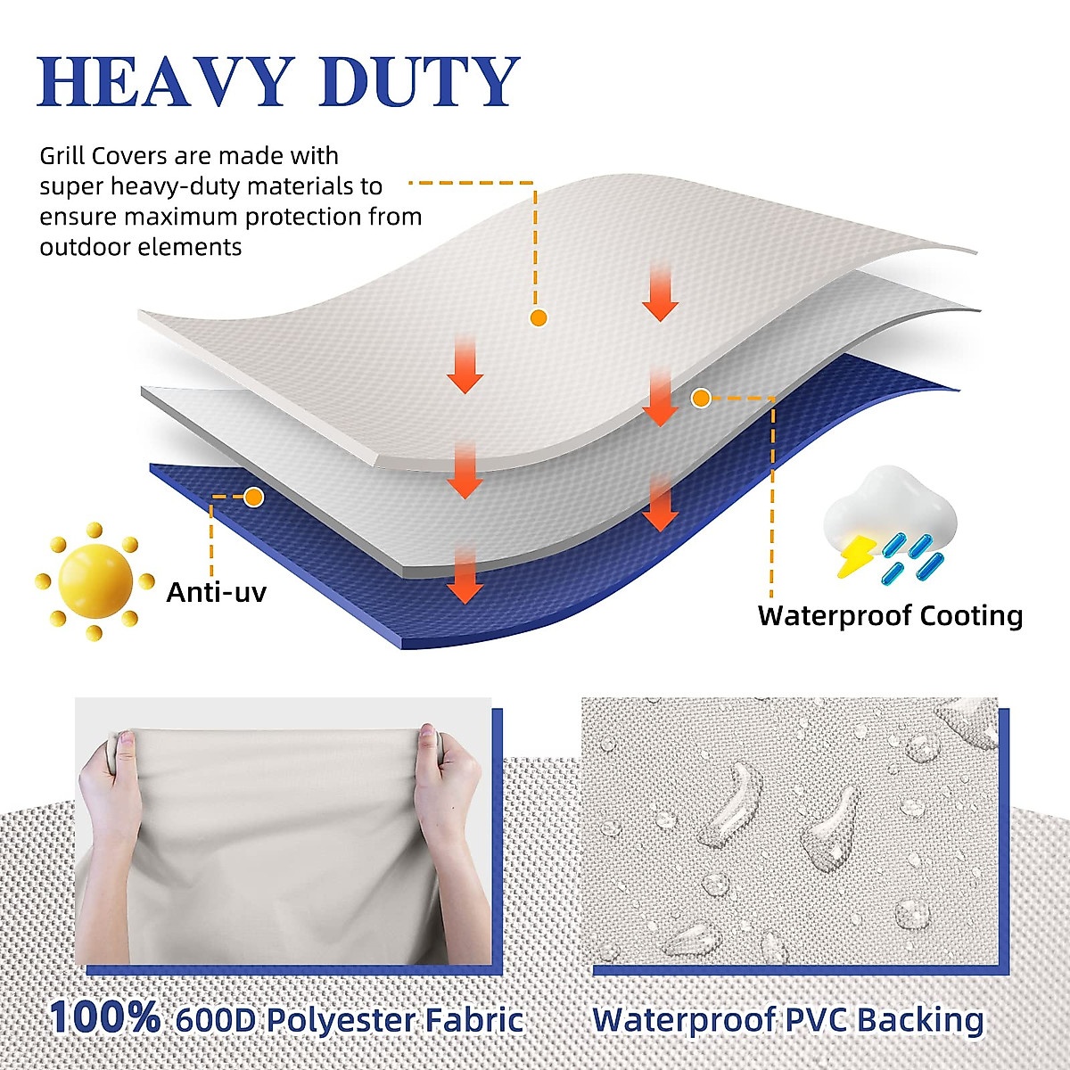 CUSSIOU Grill Cover BBQ Grill Cover 600D Waterproof Heavy Duty Gas Grill Cover, UV & Dust & Rip-Proof, Barbecue Grill Covers for Weber, Brinkmann, Char Broil Grills (64" L x 26" W x 48" H Fog/Navy)