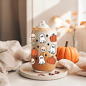 Coolife Halloween Pumpkin Ghost Skull Cups - 16 oz Pumpkins Fall Cup Mug, Can Shaped Tumbler Glass Cups w/Bamboo Lids Straws, Halloween Spooky Cups for Iced Coffee Smoothie, Goth Spooky Gifts for Her