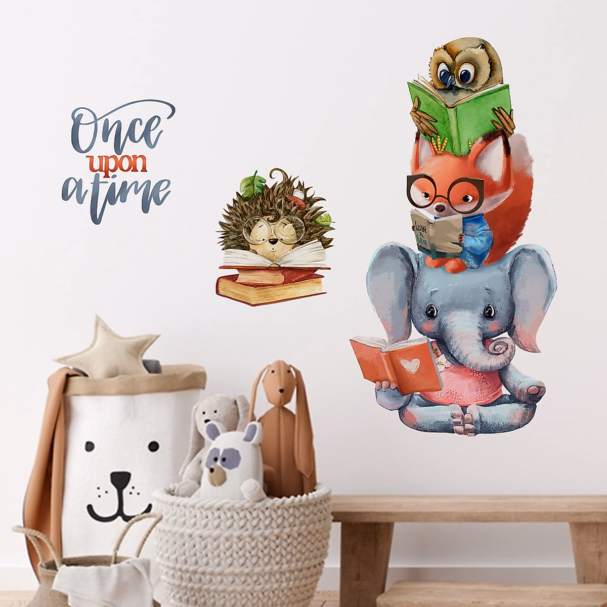 Mfault Once Upon a Time Reading Animals Wall Decals Stickers, Motivational Fox Elephant Owl Hedgehog Reading Books Nursery Decoration Classroom Bedroom Art, Kids Toddlers Study Room Library Decor
