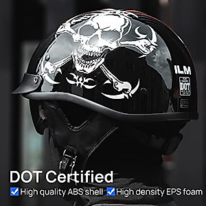 ILM Half Helmet Open Face Motorcycle Helmets for Moped Cruiser Scooter with Sun Visor, DOT Approved Model-210V (Skull, XX-Large)