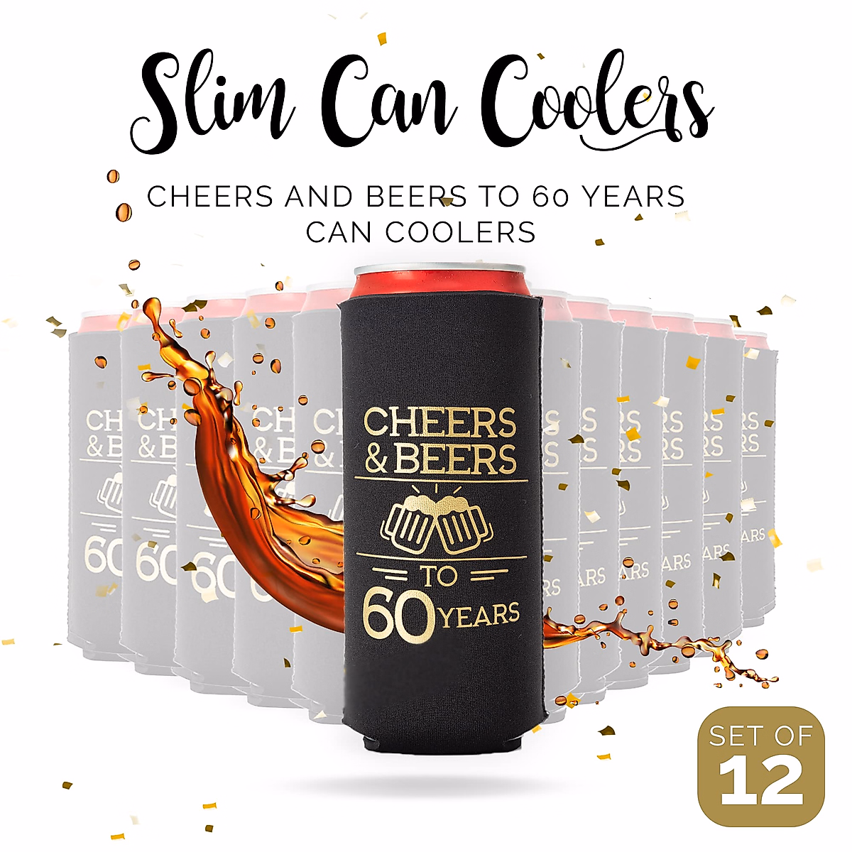 Cheers and Beers to 60 Years Can Coolers, 60th Birthday Party Coolies, Set of 12, Black and Gold Can Coolers, Perfect for Birthday Parties, Birthday Decorations