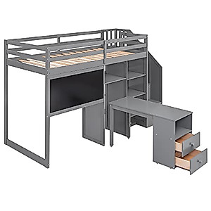 Harper & Bright Designs Twin Loft Bed with Stairs, Solid Wood Loft Bed with Pullable Desk and Storage Shelves and Blackboard, for Bedroom, Dorm, Boys, Girls, Adults (Twin Size, Gray)