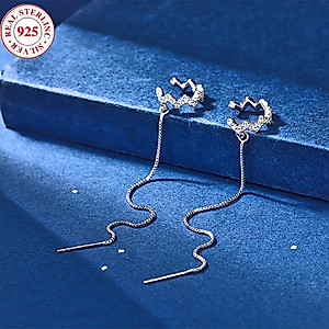 925 Sterling Silver Wave Cuff Earrings with Sparkly Cubic Zirconia Wrap Tassel Earrings for Women Dangle Earrings Threader Chain