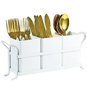 NelyBet White Metal Utensil Caddy, 3 Compartments, Portable Design, Perfect for Countertop, Outdoor, and Camping