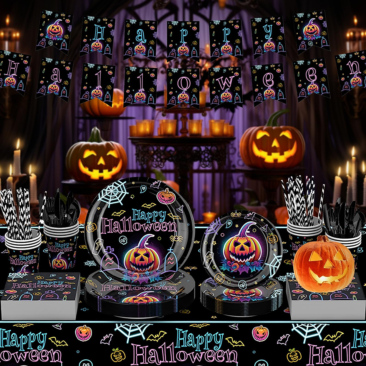 150 Pcs Neon Halloween Party Supplies for 16 Guest, Glow in The Dark Halloween Paper Plates and Napkins Disposable Tableware Set Include Knife Fork Spoon for Happy Halloween Birthday Party Supplies