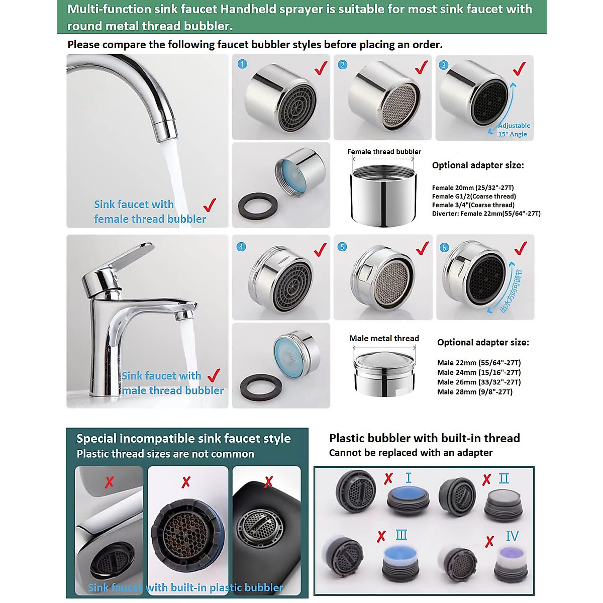 cakuuma Sink Faucet Hose Sprayer Attachment handheld Sink Sprayer with 6 Adapters & ON/Off Extension Salon Shampoo Hose Shower Head for Hair Washing Baby Bath Pet Rinse (4ft, Silver) (XP-HS002)