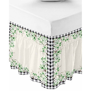 Black and White Buffalo Plaid Bed Skirt King Size 16 Inch Drop,Adjustable & Elastic Wrap Around Bed Skirts Pleated Dust Ruffles for Twin Full Queen Cal King Bed,Spring Leaves Green Watercolor Leaf