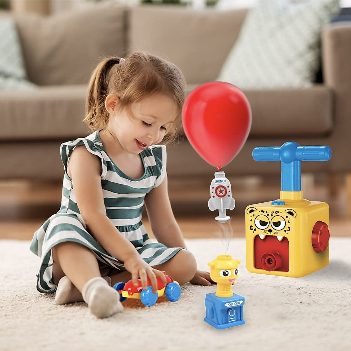 LOONIE LAUNCHER Balloon Launcher Car Toy Set, Balloon Powered Aerodynamic Racers, STEM Toys Party Supplies Preschool Science Racer Kit w/Manual Balloon Power Pump for Kids Boys Girls 3+ (Space Toys)