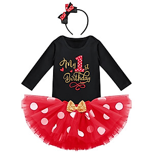 IBTOM CASTLE First 1st Birthday Outfit Girl Cake Smash Wild One Bodysuit Romper +Sequin Polka Dots Tulle Tutu Dress +Headband One Year Old Birthday Party Clothes Black-my 1st birthday 1 Year
