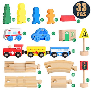 Wooden Train Tracks Toys for Toddler, 33 Pieces Magnetic Train with Wooden Tracks Fits for Thomas, Brio, Chuggington, Melissa and Doug, Wooden Rail Set Train Toy gifts for 3 4 5 Years Old Girls & Boys
