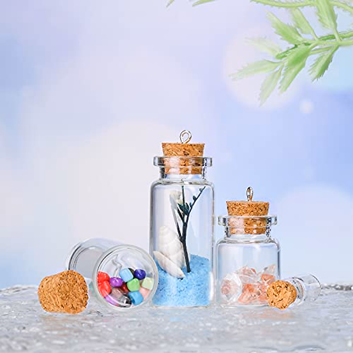 Sherli 45 Pieces Mini Glass Bottles with 50 Pieces Eye Screws and 3 Pieces Funnels Clear Small Wishing Jars with Cork Stoppers Tiny Cork Glass Bottles for DIY Art Crafts Party Home Decoration, 5 Sizes