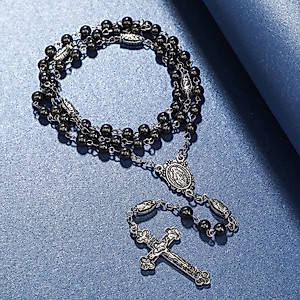 Rnivida Black Hematite Beads Rosary Virgin Mary Cross Rosary Necklace with Jesus Crucifix, Miraculous Mary Medal Rosary Catholic Prayer Gifts for Women