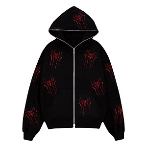 Kodaruber Women Y2K Spider Web Hoodies Punk Jackets Streetwear Goth Harajuku Oversized Vintage Graphic Full Zip Up Hoodie(Red Spider Black,X-Large)