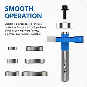 Newdeli Rabbet Router Bit Set 1/4 Inch Shank - 4Pcs Rabbeting Router Bits（1/8",1/4",3/8", 1/2" Height） with 6 Bearings Set (3/8", 1/2", 5/8", 3/4", 7/8", 1-1/8" Bearings) - Wood Biscuit Slot Cutters