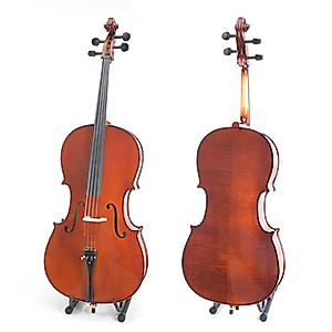 Cecilio CCO-500 Ebony Fitted Flamed Solid Wood Cello with Hard & Soft Case, Stand, Bow, Rosin, Bridge and Extra Set of Strings, Size 4/4 (Full Size)
