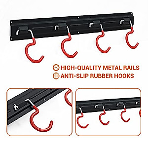 QualStorage 64" All Metal Garden Tool Organizer Wall Mount Mop Broom Holder Heavy Duty Garage Storage Organization for Shovel,Mop,Broom,Rake and Yard Tool(4 Rails, 16 Hooks)