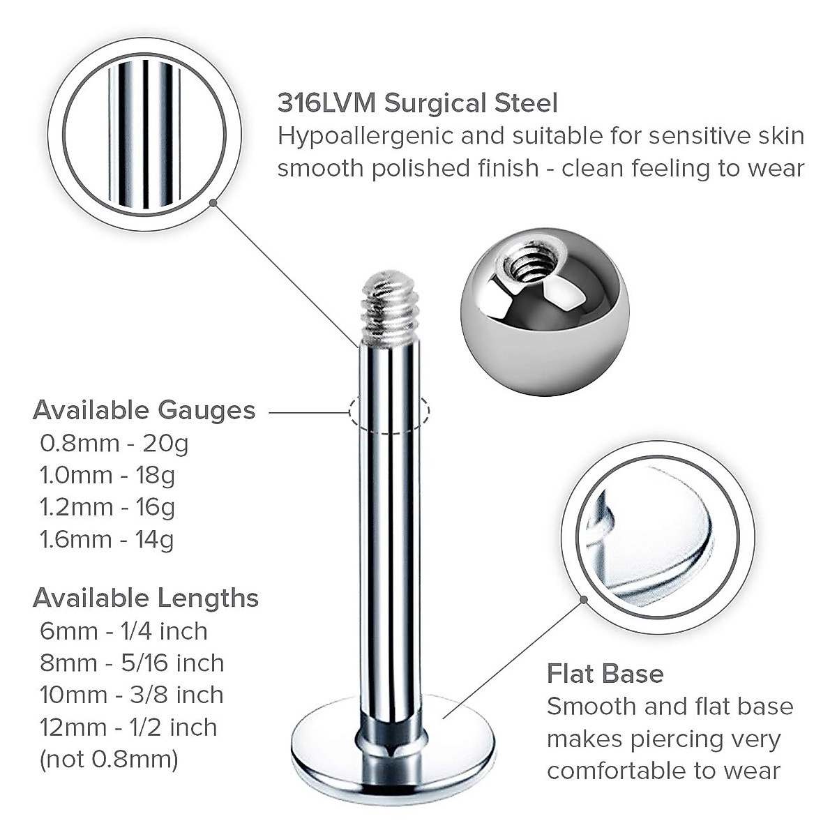 Evonix 7pc 16g 10mm Labret Studs Lip Ring Snake Spider Bite Forward Helix Monroe Dahlia Inner Conch Surgical Steel Rainbow 4mm Ball