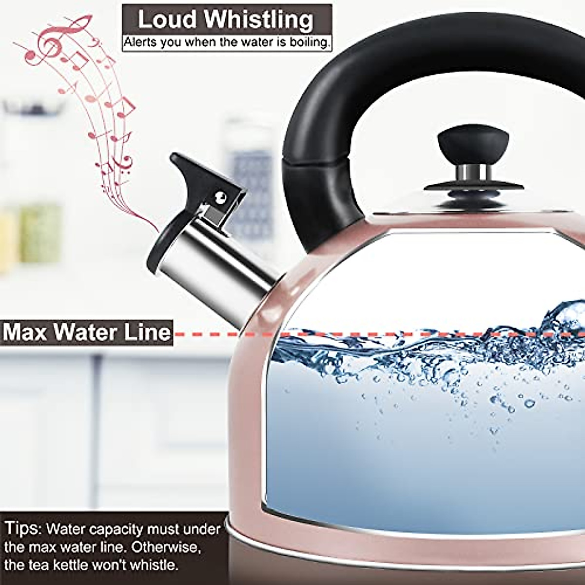 Whistling Tea Kettle Teapot - 3.4 Quart Stainless Steel Tea Kettle for Stove Tops with 5 Layers Bottom, Tea Kettle with Folding and Heat-insulating Handle, Available to Multiple Stoves - Rose Gold