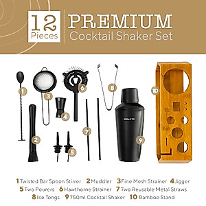 URBAN VII Cocktail Shaker Set & Bartender Kit with Bamboo Stand, 12-Piece Bartending Kit for Bar Cart and Home Bar, Mixology Bartender Kit & Cocktail Set, Matte Black