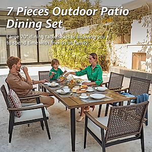 NATURAL EXPRESSIONS 7 Piece Patio Dining Table Outdoor Furniture Set, 6 Rattan Wicker Chairs with Cushions and 70” Large Dining Table with 1.65'' Umbrella Hole for Patio, Garden, Porch, Pool Beige