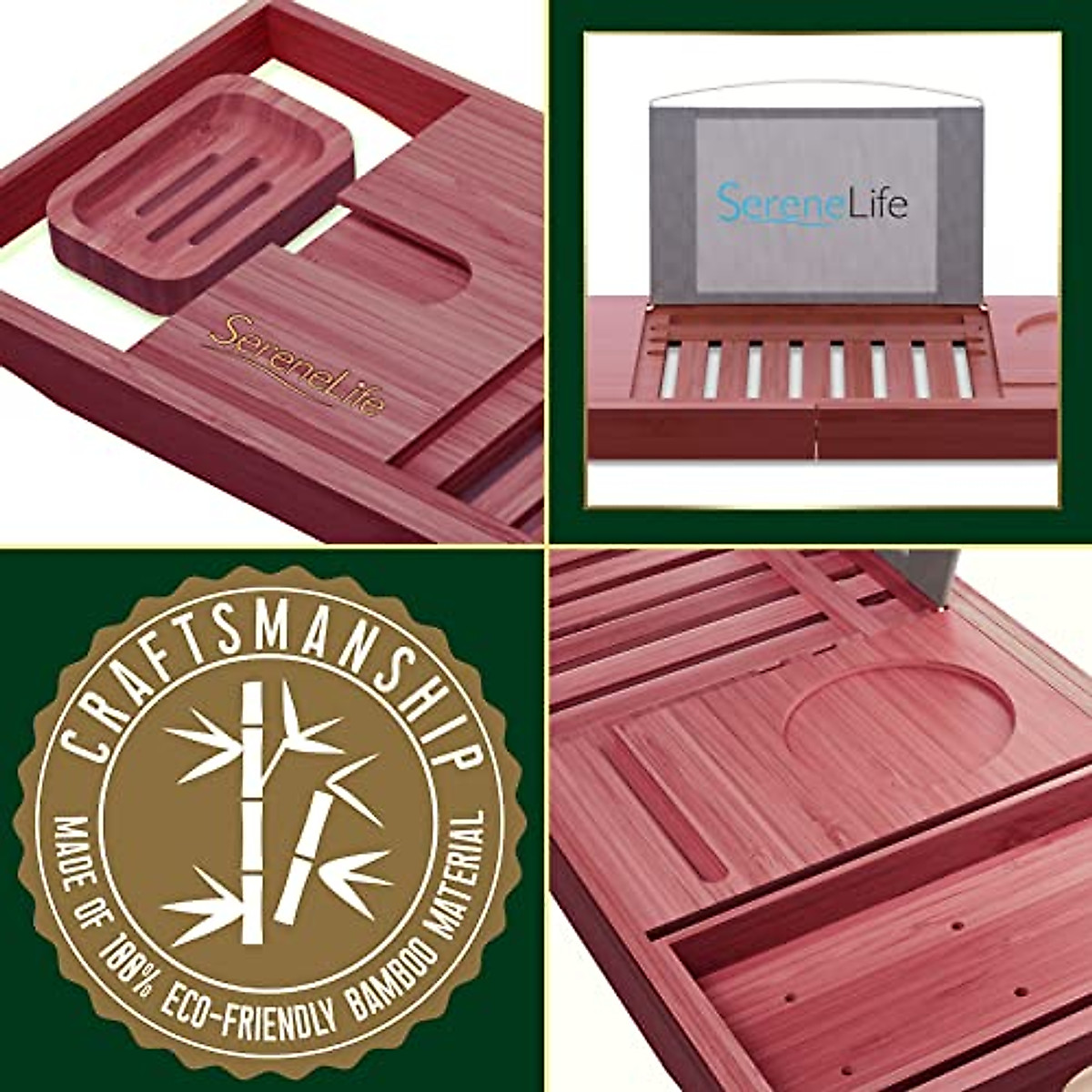 SereneLife Bamboo Bathtub Caddy with Luxury Gift Box and Red Gifting Ribbon Extendable & Adjustable Tray with Device/Book Holder with Removable Trays for Bath Accessories (Stain Brown)