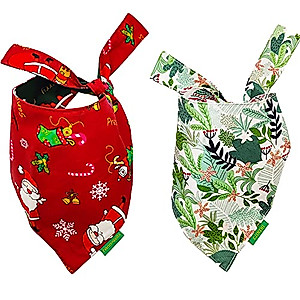 Dog Bandanas, 2 Pack Christmas & Florals Set Triangle Reversible Dog Pet Scarfs Cotton Adjustable Fit Triangle Bibs Accessories, Multiple Sizes Offered for Small Medium Large Dogs.
