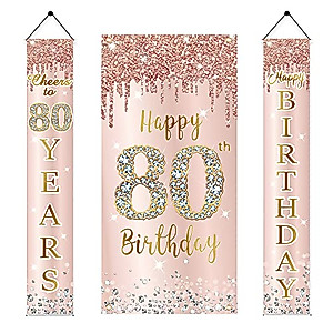 80th Birthday Door Banner Decorations for Women, Pink Rose Gold Happy 80th Birthday Door Cover & Porch Backdrop Party Supplies, Large 80 Year Old Birthday Sign Decor for Outdoor Indoor