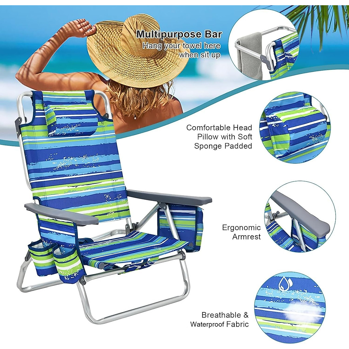 GYMAX Beach Chairs, 2-Pack Backpack Camping Chair with Armrest, Cooler Bag, Cup Holder, Towel Bar & Side Pockets, Sunbath Sling Tanning Lounge, Folding Layout Chairs (Blue Strip, with Table)