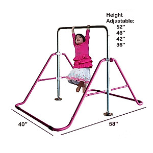 Athletic Bar Kids Gymnastics Bar Horizontal Kip Bar + 2x6 Tri Fold Mat Junior Training Adjustable Expandable Height Jungle Gym Monkey Bars Climb Tower Playground Gymnasts + Stretch Band (Pink)