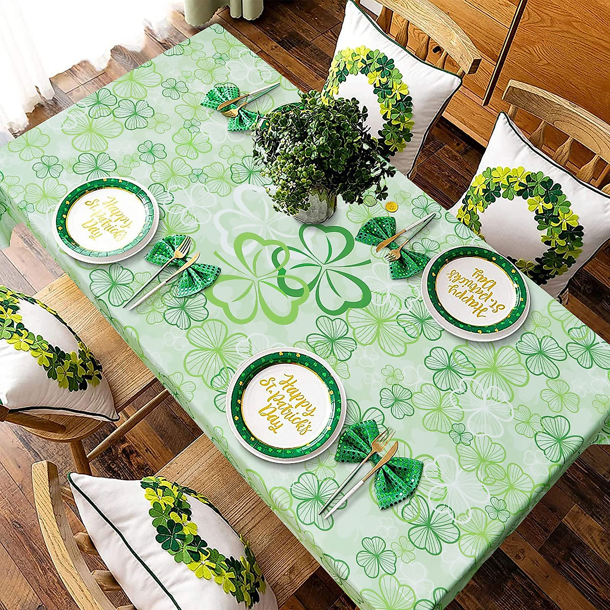 ASPMIZ St. Patrick’s Day Tablecloth, Lucky Shamrock Table Cloth, Green and White Tablecloths, Leaf Clovers Waterproof Tablecloth Rectangle for Dinner Party Decoration, 60 x 84 inch