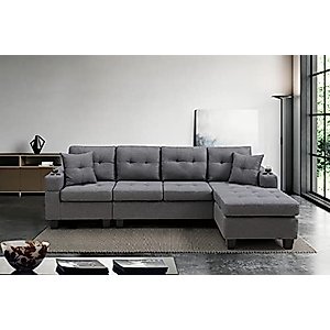 BIADNBZ Modern Sectional Sofa with Reversible Chaise Lounge and Two Cupholders, L-Shape 4-Seat Couch Furniture for Living Room Apartment, w/2 Pillows, Gray
