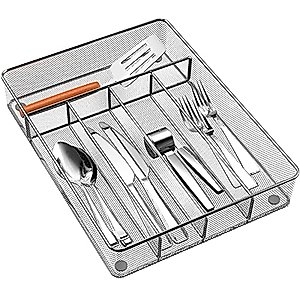 Pipishell Mesh Cutlery Tray 5 Compartments Silverware Drawer Organizer Kitchen Utensils Flatware Storage Drawer Dividers Holder with No-Slip Foam Feet for Knives Fork Spoon and Office Supplies
