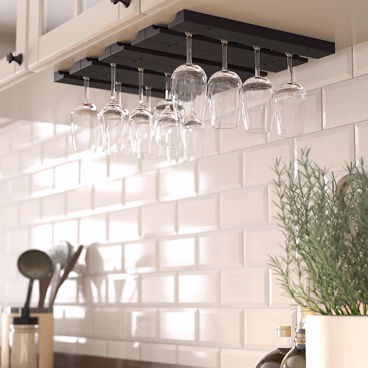 Rustic State Vigo 4 Sectional Adjustable Under Cabinet Mount Wood Stemware Rack Hanging Shelf Glassware Holder Bar Organizer with up to 12 Wine Glass Storage 12 Deep Long Black